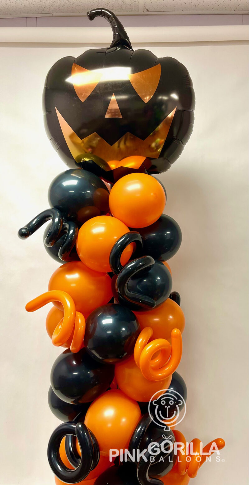 balloon halloween column with pumpkin topper - Pink Gorilla Balloons