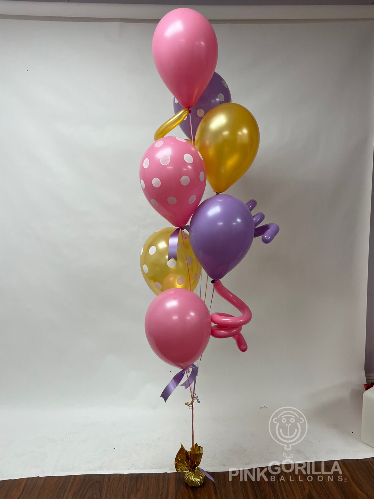 bouquet-7 11 inch latex balloons w squiggles - Pink Gorilla Balloons